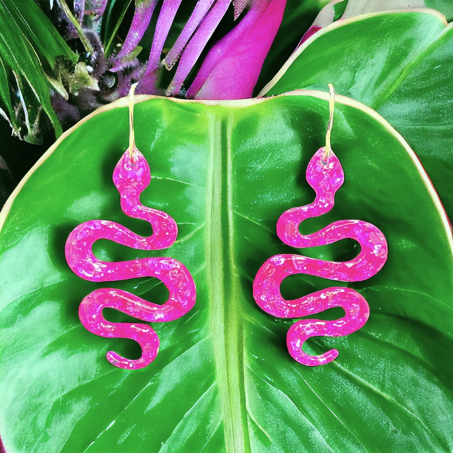 Neon Pink Snake Sparkle Earrings – Loretta Green
